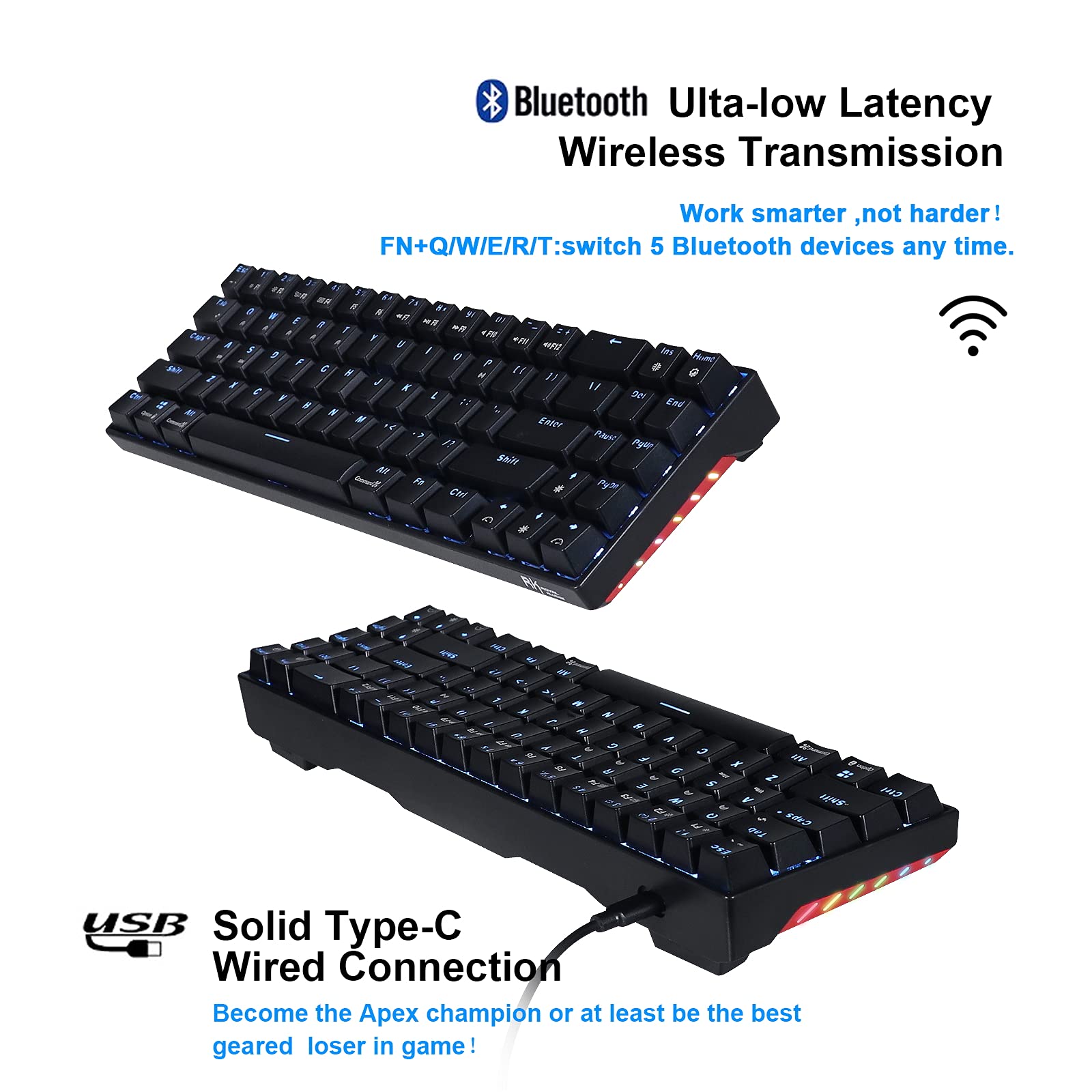 RK ROYAL KLUDGE RK71 Mechanical Keyboard 70% Compact Bluetooth Keyboard 71 Keys,Tenkeyless USB Wired/Wireless Portable Gaming/Office with Stand-Alone Arrow Keys for Windows MacOS (Red Switch-Black)
