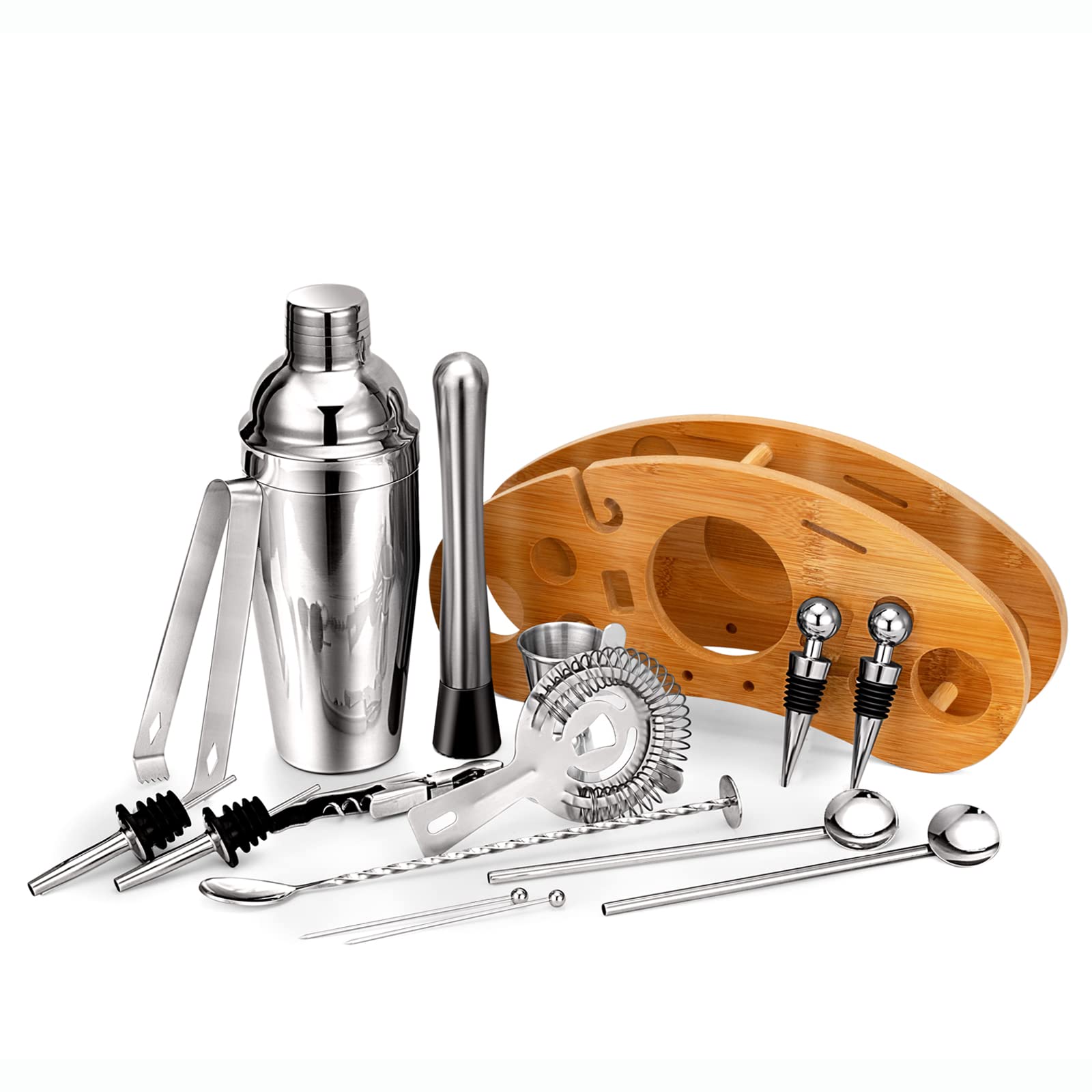 SUNPIN Cocktail Shaker Bartender Kit with Bamboo Stand, muddler for cocktails bar kit,24 oz Stainless Steel martini shaker, drink mixer,16-Piece bar set cocktail shaker set