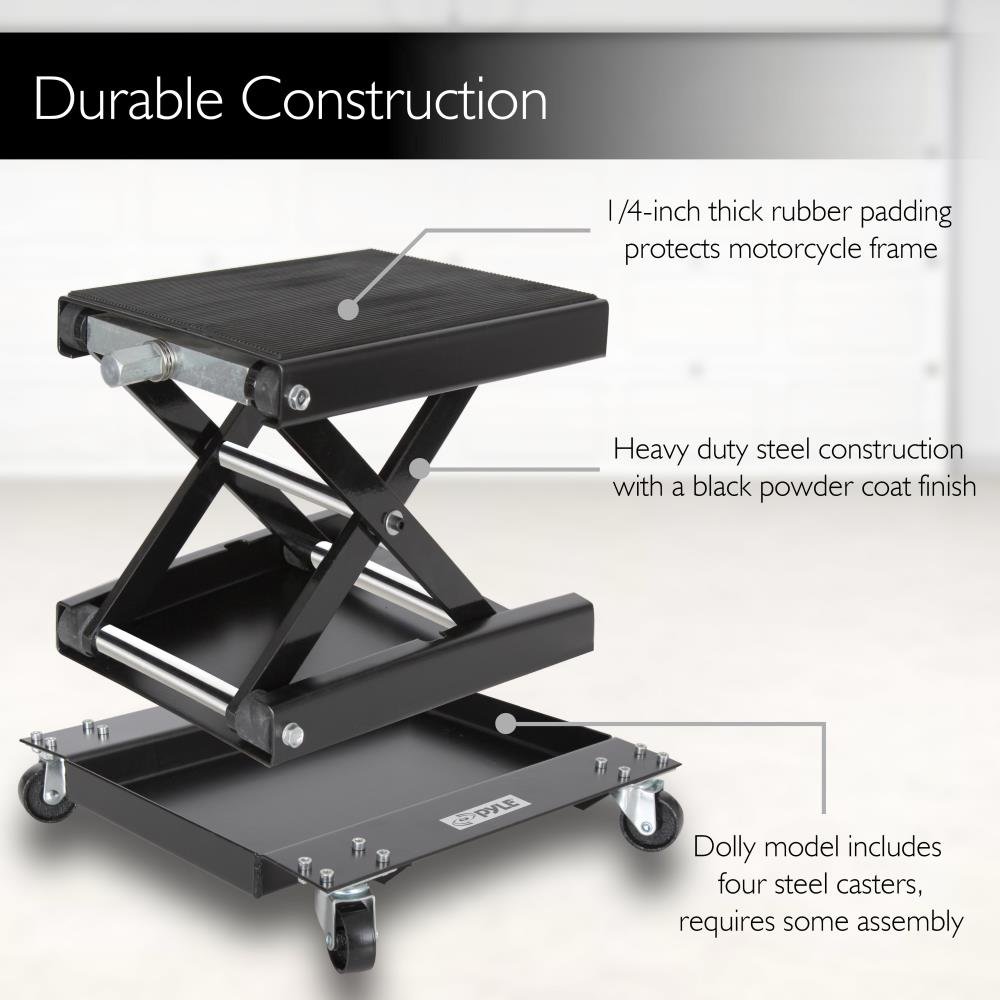 Pyle Motorcycle Scissor Jack Lift W/ Dolly - Portable Ez Bike Rack, Front Rear Center Tire Wheel Engine Stand W/ Wheels-Low Profile Manual Flat Floor Hoist Table-PLMOTJC11,Black