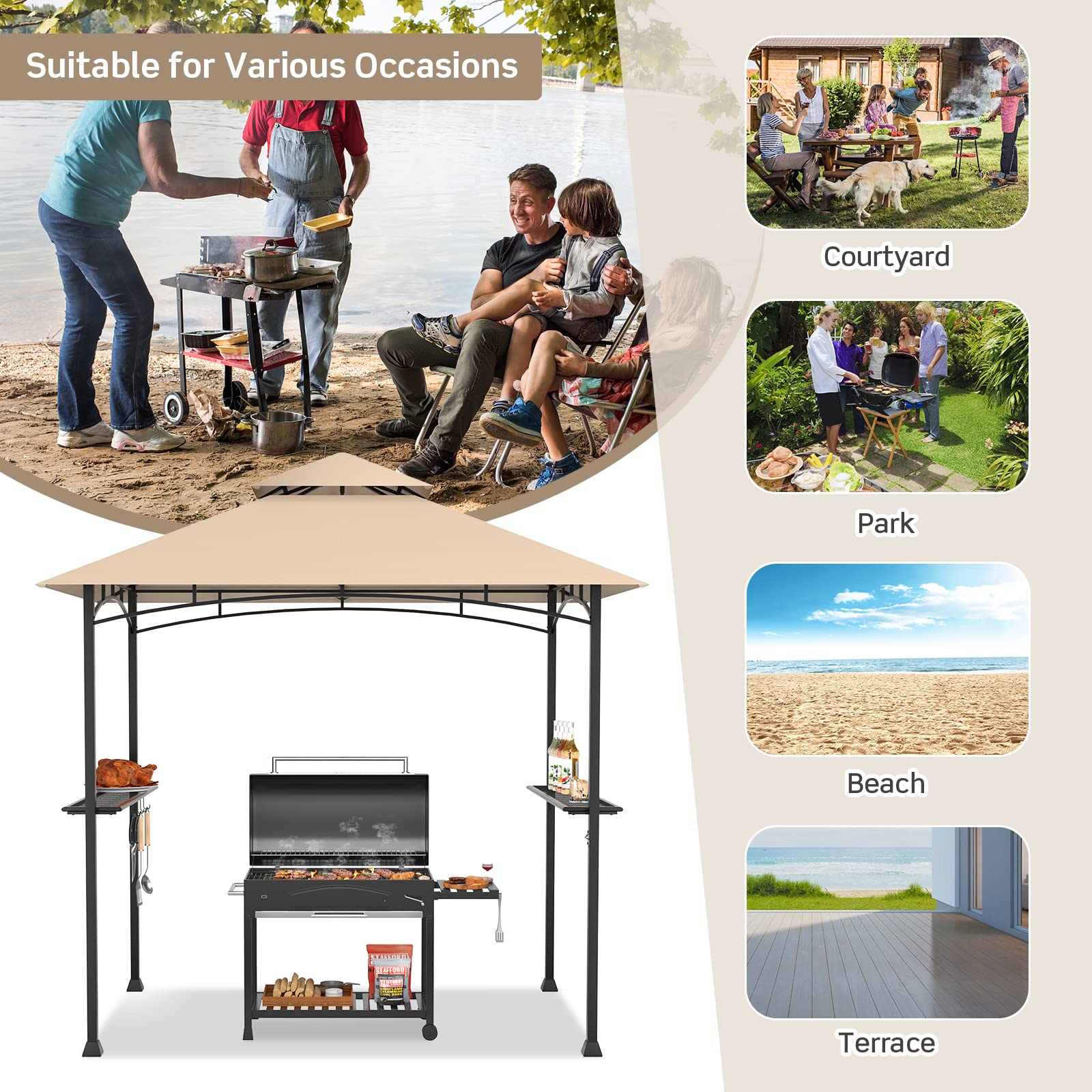 Tangkula 8x5 Ft Grill Gazebo, Double Tiered Outdoor BBQ Gazebo with 2 Side Shelves, 5 Hooks, Bottle Opener, Barbecue Grill Gazebo Shelter for Patio, Garden, Beach, Backyard (Khaki)