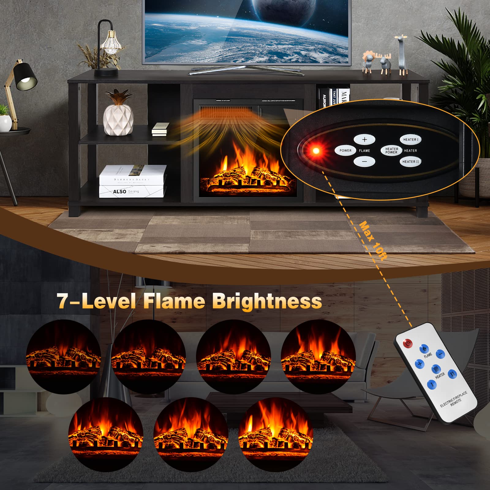 Tangkula Fireplace TV Stand for 65 inches TV, with 18 inches 1500W Recessed Electric Fireplace with 7 Flame Setting & Remote Control,Faux Fireplace TV Stand