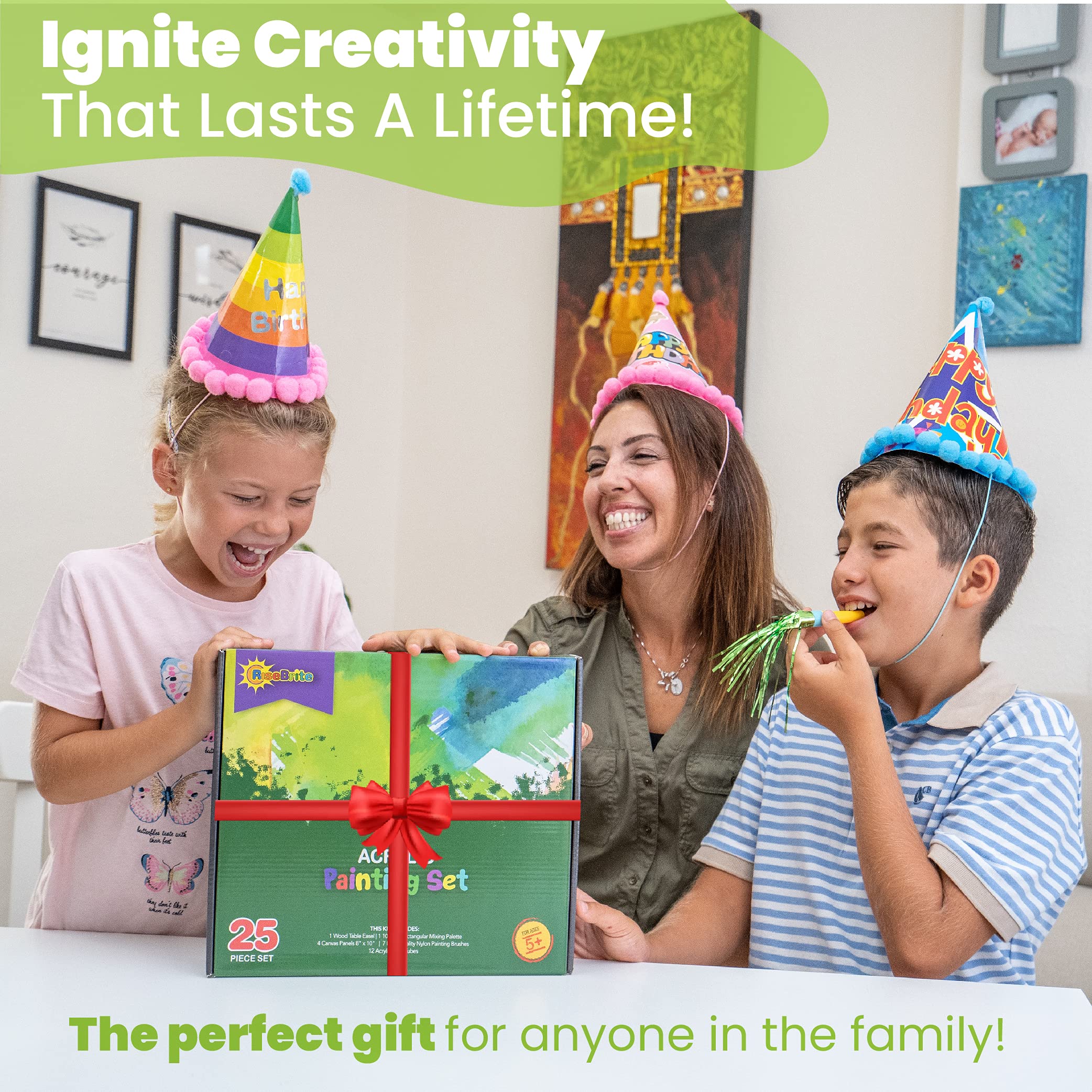 RISEBRITE Kids Art Set 25 Pcs β Deluxe Acrylic Paint Set for Kids Includes Non Toxic Paint, Tabletop Easel, Paint Brushes, Canvas, Painting Pad