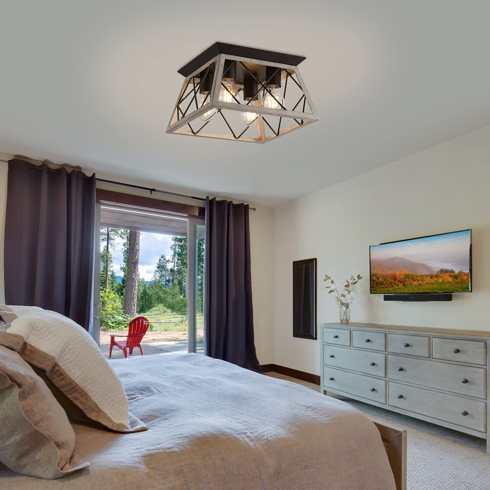 Q&S Farmhouse Ceiling Light OAK Semi Flush Mount Vintage 4-Light Square Rustic Island Light Fixtures for Entryway Hallway Dining Room Living Room Bedroom