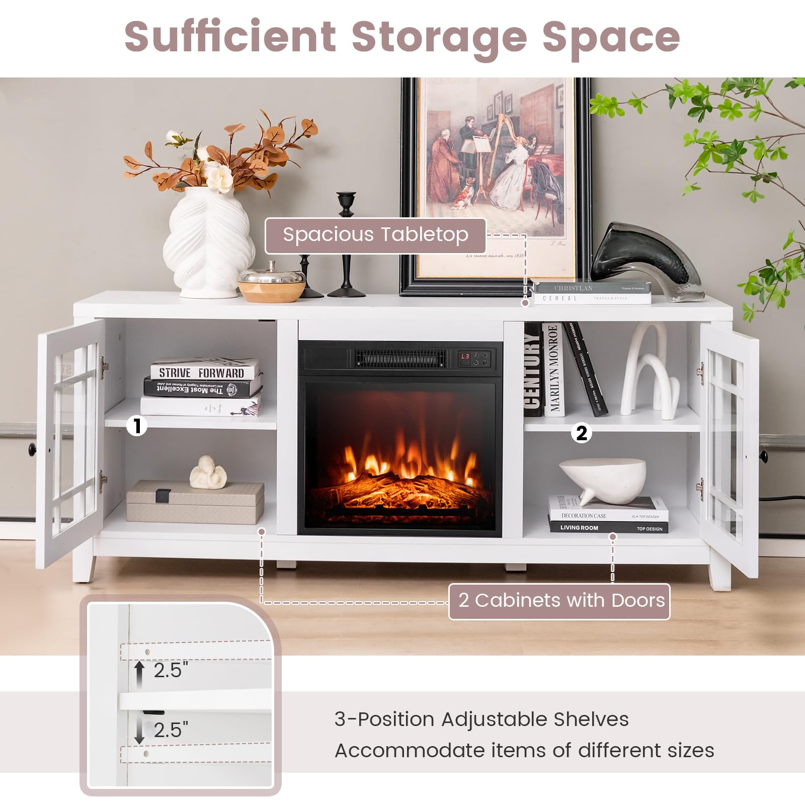 Tangkula Fireplace TV Stand for 65 Inches TVs, 58 Inch TV Console with Electric Fireplace Insert, Adjustable Shelves, Remote Control, 3-Level Flame Brightness, Entertainment Center for Living Room