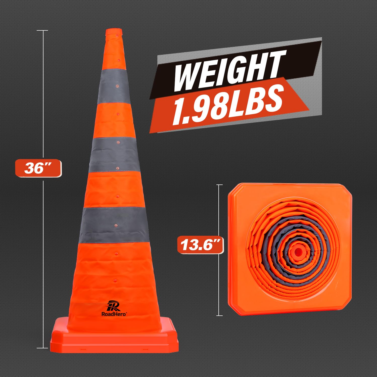 RoadHero 36 Inch [4 Pack] Collapsible Traffic Safety Cones, Multi Purpose Pop-up Cones with Reflective Collar for Road Safety, Orange Cones for Driving Training, Parking Lots