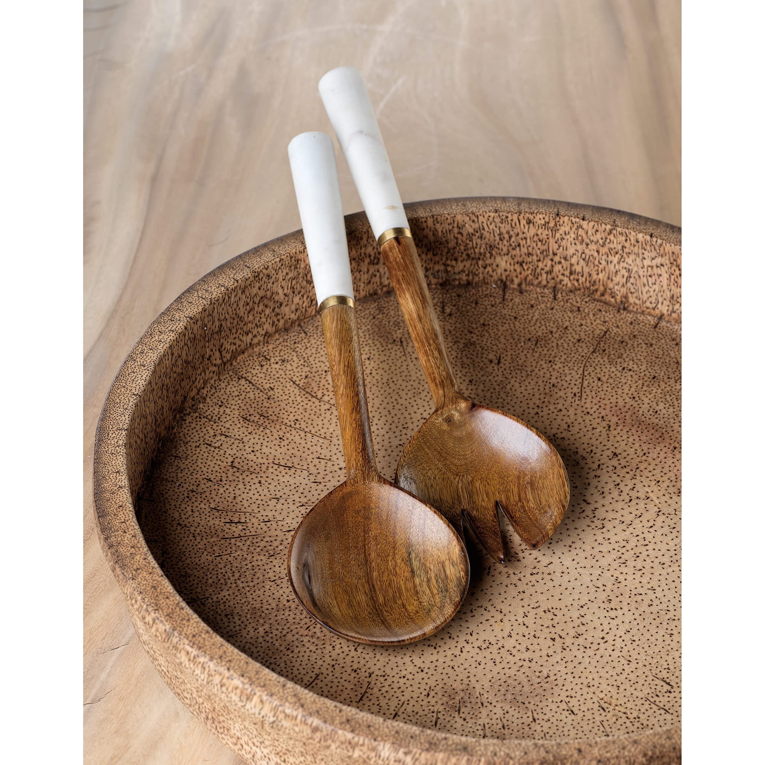 Zodax Heritage Mango Wood and Marble Salad Server Set 14 in x 4 in x 1 in