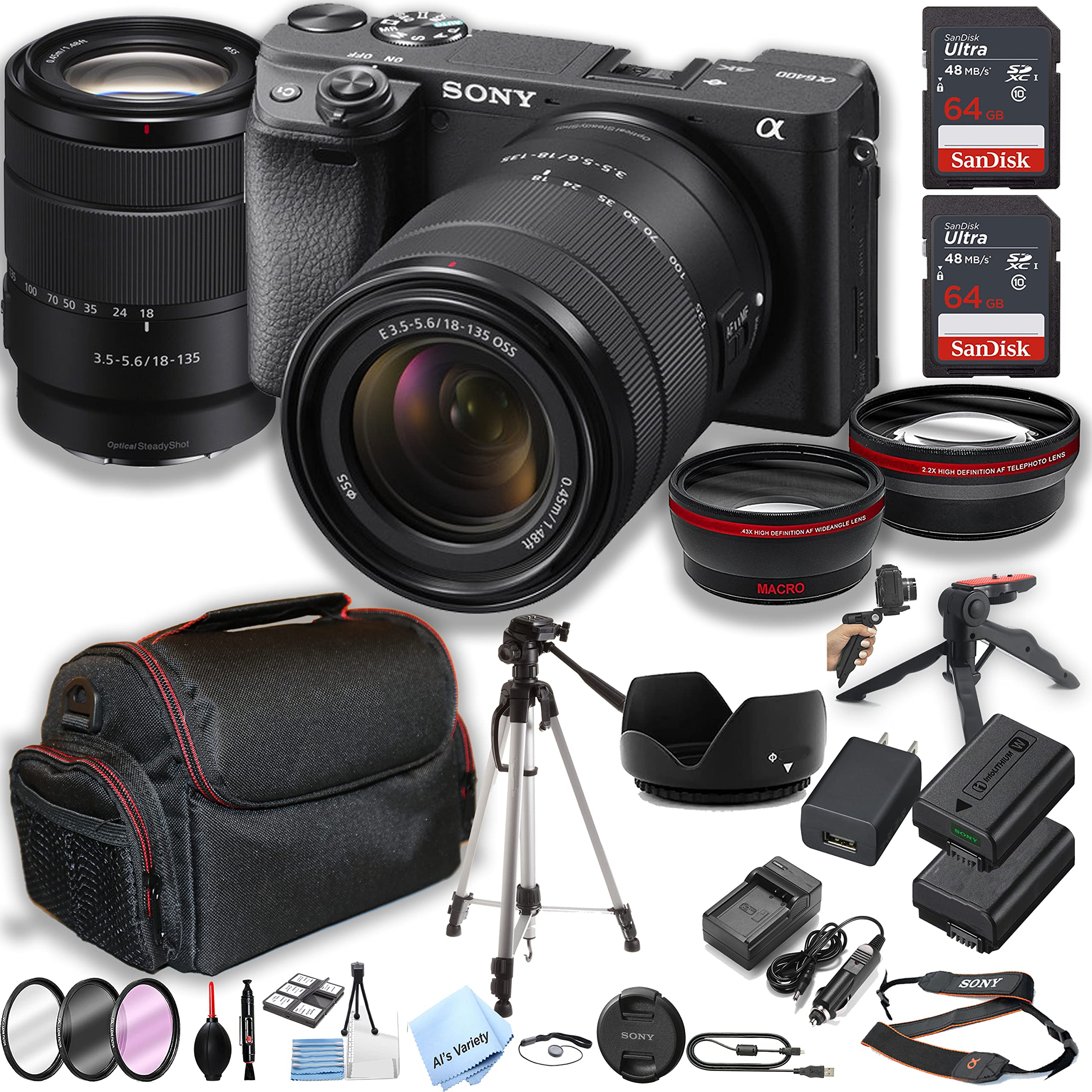Sony a6400 Mirrorless Camera with18-135mm Zoom Lens + 2pcs 64GB Memory + Case+ Tripod + Steady Grip Pod + Filters + Macro + 2X Lens + 2X Batteries + More (32pc Bundle)