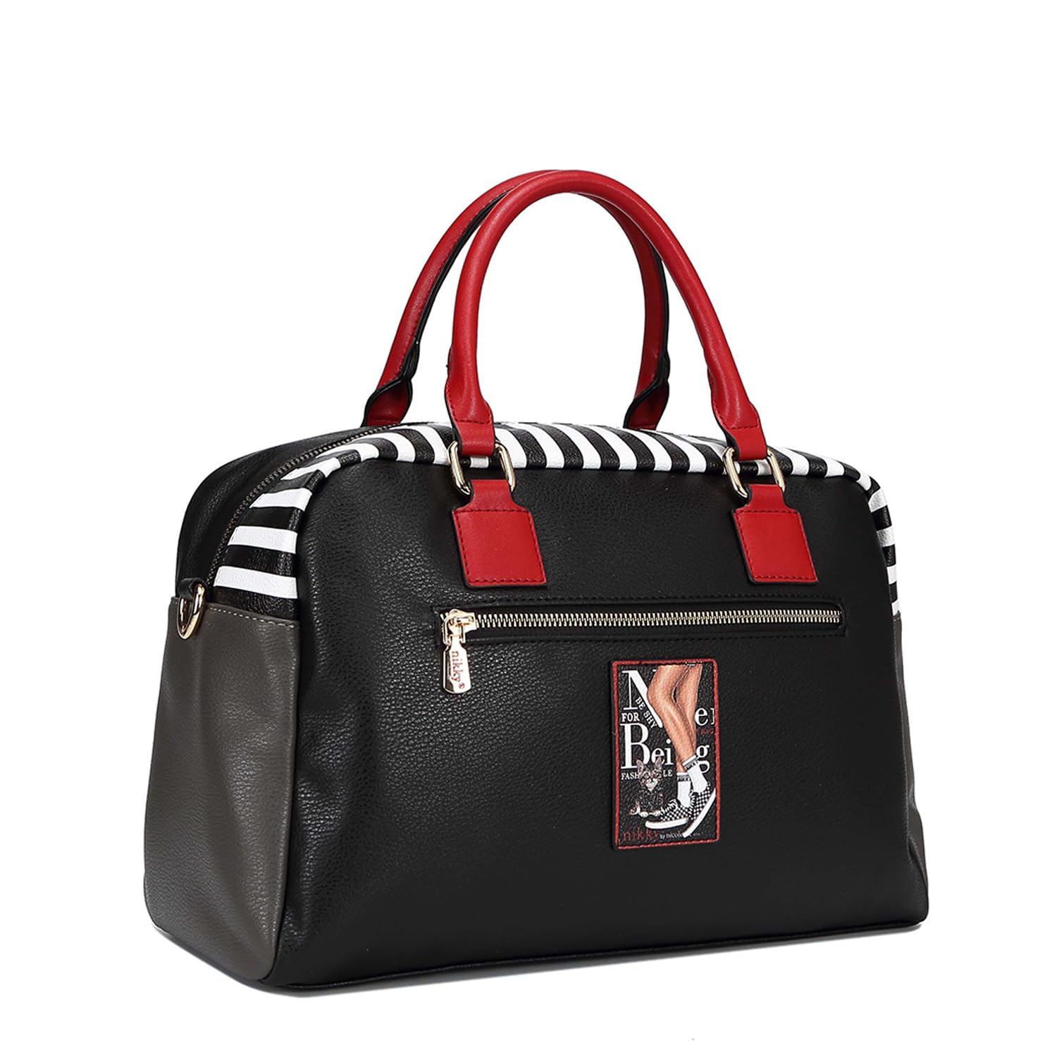 Nicole Lee Nikky Never Be Shy Boston Bag, Medium Vegan Leather Doctor Style Handbag, Black/Red, Kitty Cat Fashion Print