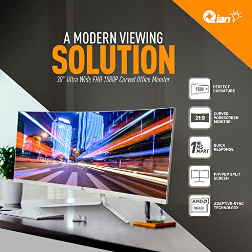 Qian 30" Ultra Wide FHD 1080P Curved Computer Monitor,100 Hz VA Panel Office Monitor, 21:9 Aspect Ratio,178°Viewing Angle,16.7M Display Colors,Framless AMD Freesync GSync,Tilt Adjustable