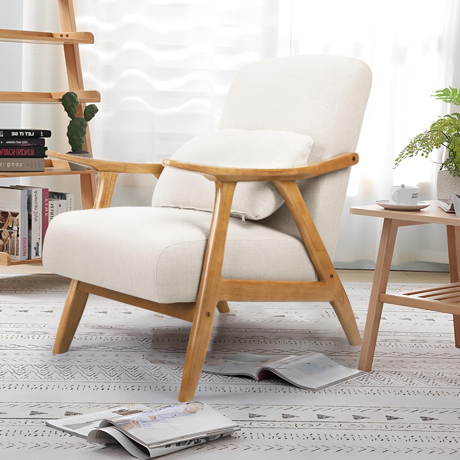 OAKHAM Mid Century Modern Accent Chair, Single Fabric Lounge Reading Armchair with Soft Wood Frame, Easy Assembly Arm Rest Chairs for Living Room, Bedroom Walnut-Brown (Walnut-Beige)