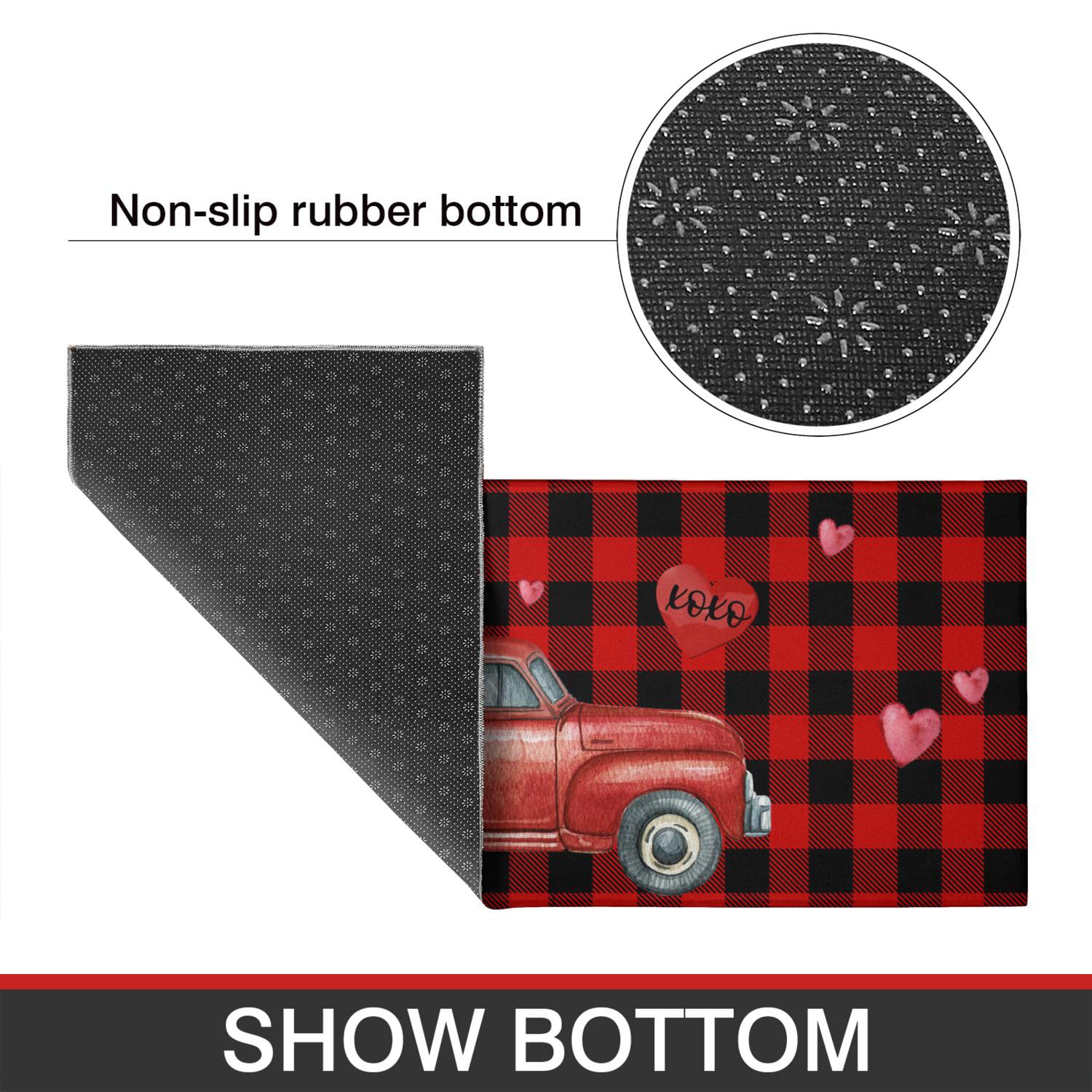 Xsinufn Valentines Day Kitchen Mat Set 2 Piece,Valentines Day Hearts Truck Buffalo Plaid Decorative Kitchen Rugs,Valentines Hearts Low-Profile Kitchen Mats for Home Kitchen (17"x48"+17"x30")