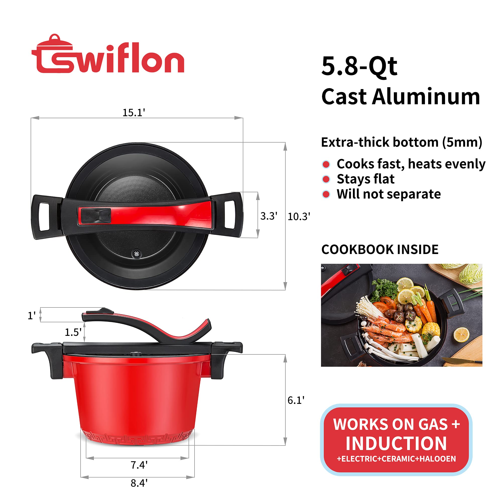 swiflon 5.8 Quart Nonstick Cast Aluminum Stock Pot, Cooking Pot with Easy Lock Low Pressure Lid, with Stainless Induction Base
