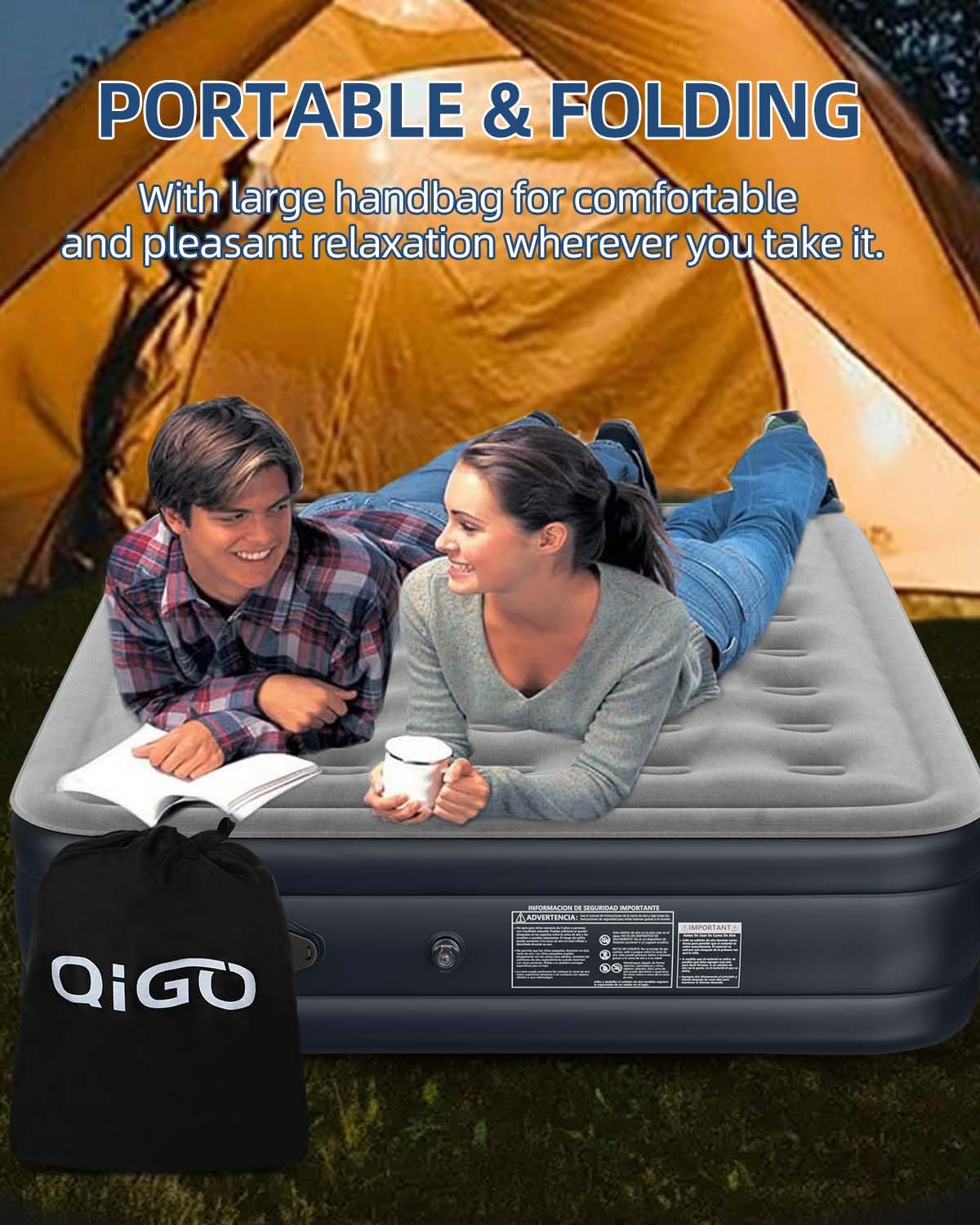 QIGO Air Mattress Queen Size with Chargeable Battery Built in Pump, Blow up Mattress for Camping, Home and Guests, Quick Self Inflating Air Bed, Colchon Inflable - Portable, Comfortable and Durable