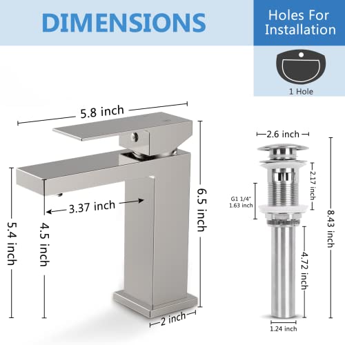 ๐ฉ๐ผ๐ป๐๐ฎ๐ป Brushed Nickel Bathroom Faucets, Solid Brass Single Hole Bathroom Sink Faucet, Modern Bathroom Faucets for Sink 1 Hole, Lead-Free Vanity Faucet with Pop-up Drain and Water Supply Hoses