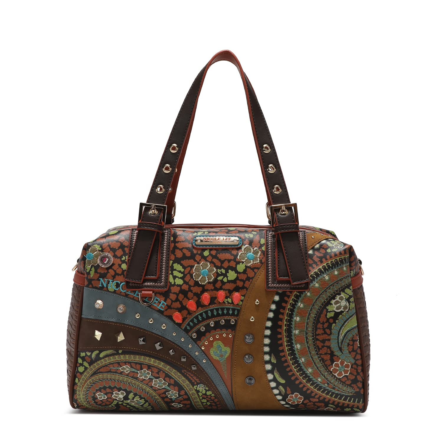 Nicole Lee Vintage Style Paisley Brown Boston Bag, Medium Embellished Shoulder Bag with Adjustable Straps