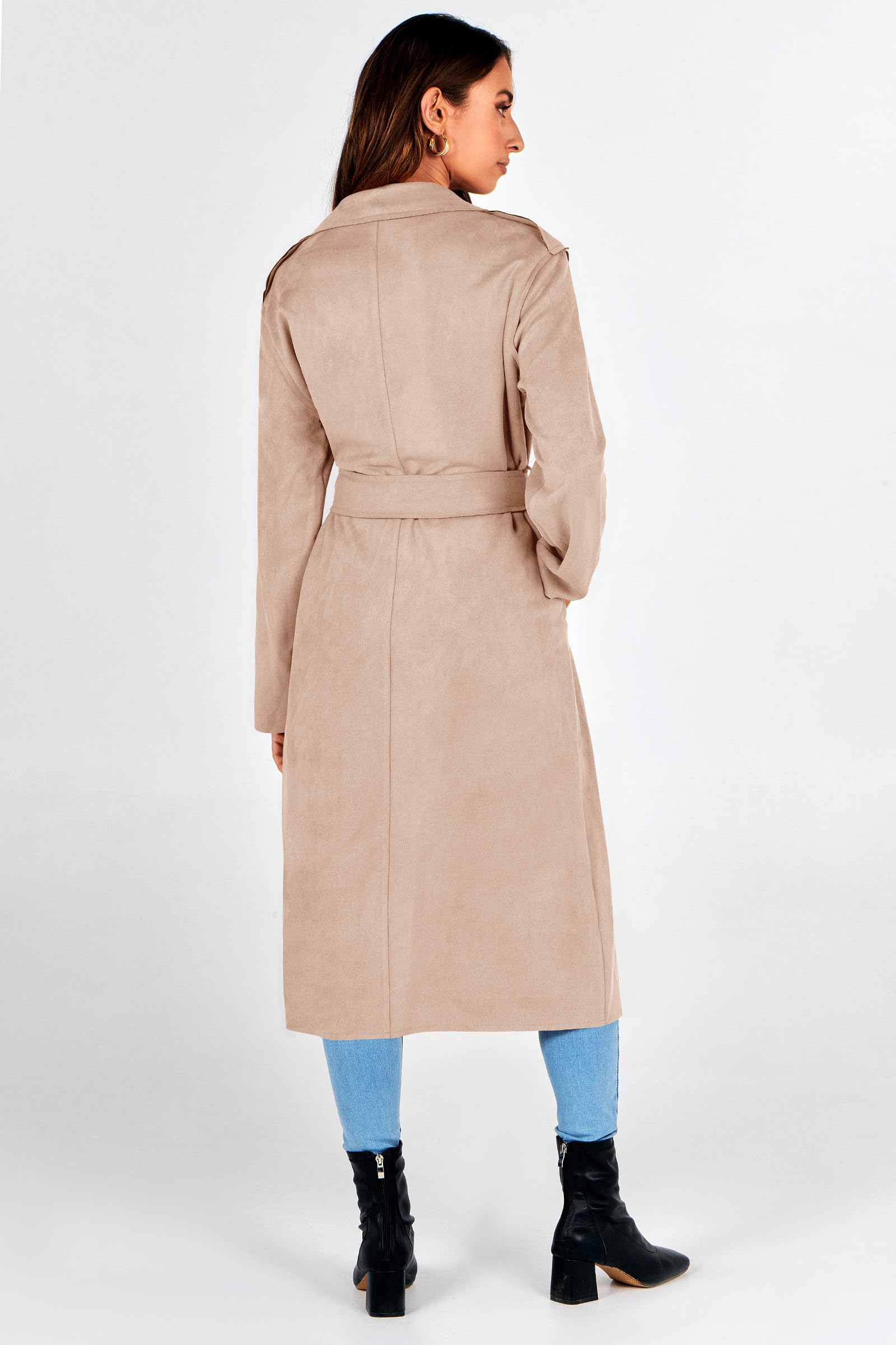 PRETTYGARDEN Women's Fall Fashion Overcoat Faux Suede Shacket Jacket Lapel Belted Long Winter Trench Coats (Beige,Small)