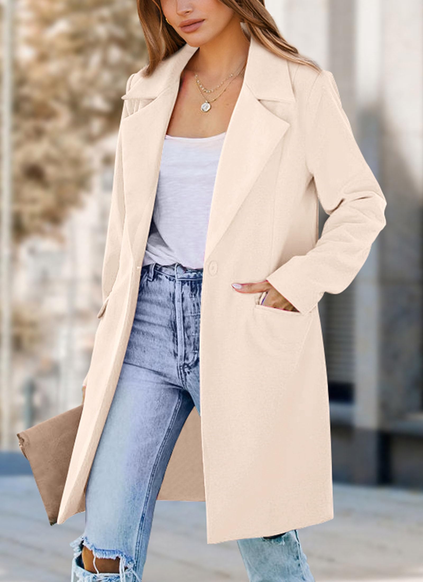 PRETTYGARDEN Women's 2024 Fall Long Blazer Jackets Long Sleeve Lapel Pockets Loose Fit Work Casual Blazers Outerwear (Beige,Small)