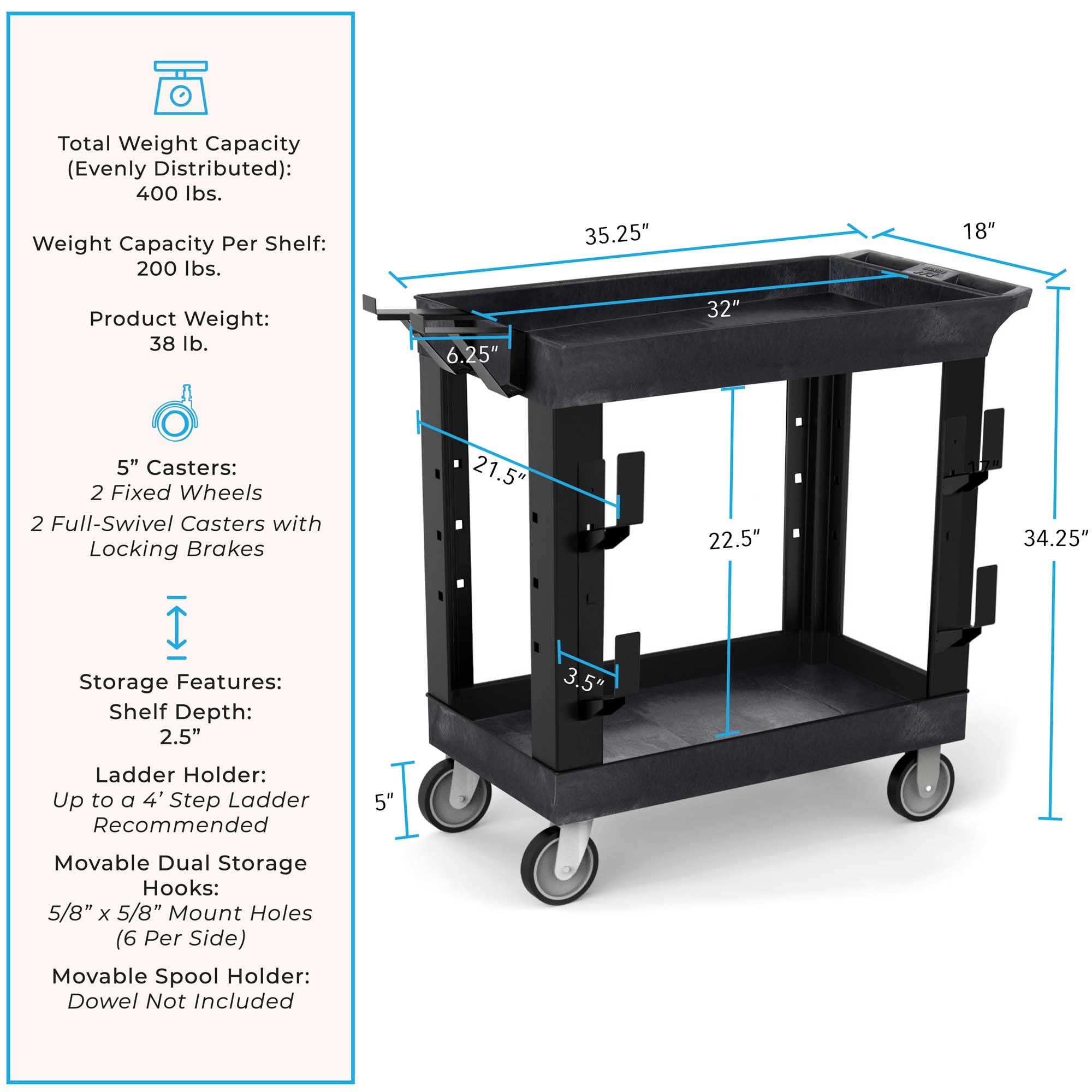 Stand Steady Tubstr 2 Shelf Utility Cart | Heavy Duty Service Cart Holds 400 lbs. | Adjustable Storage Hooks, Ladder & Spool Holders | Tub Cart for Warehouse, Garage, School & Office (32 x 18in/Black)