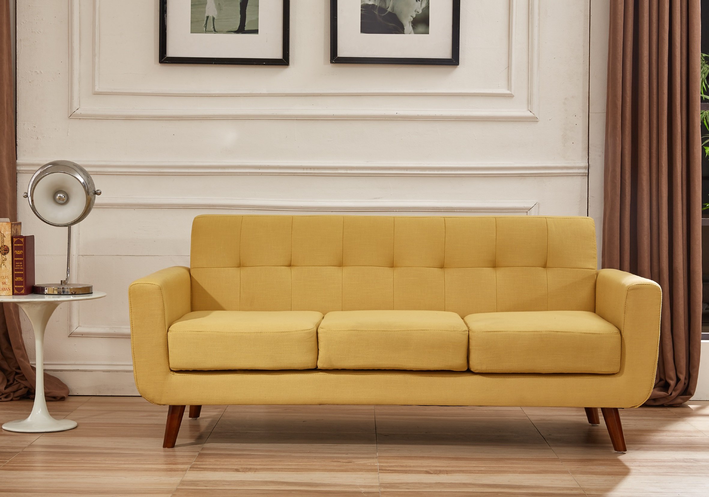 Pride Furniture Charles Mid-Century Modern 100% Linen Fabric, Clean-Lined Design for Apartment and House Sofas, Naples Yellow
