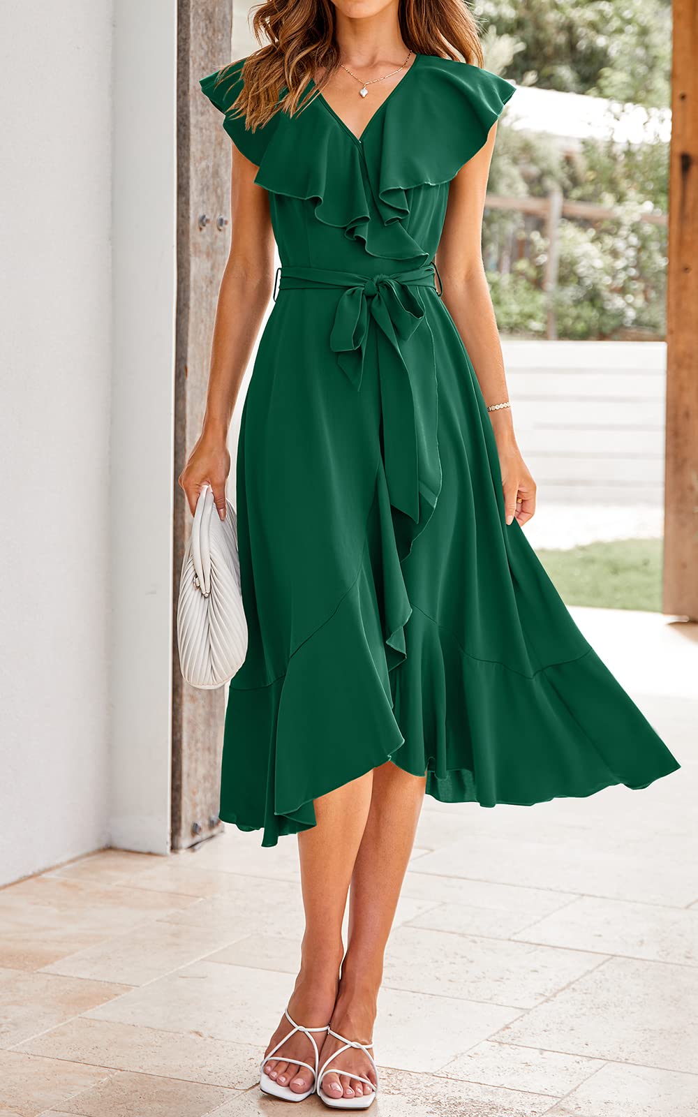 PRETTYGARDEN Women's Summer V Neck Ruffle Wrap Tie Maxi Dress Solid Color Flutter Sleeve Holiday Dresses for Women 2023 (Dark Green,Medium)