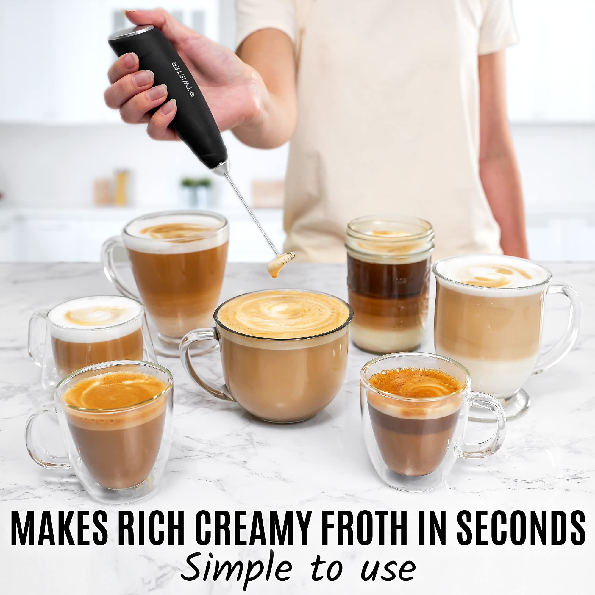 Zulay Kitchen Powerful Milk Frother Handheld - Easy-to-Grip Hand Mixer Electric - Twister-Design Mini Mixer for Powder Drinks - Coffee Frother Handheld & Mixer Electric Handheld - (Black/Silver)