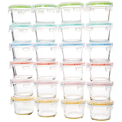 YARYOUNG 24 Pack 4oz MINI Glass Food Storage Containers, Small Glass Containers with Airtight Locking Lids, Glass Food Jars for Condiments, Canning, Snacks, Jams, Food, Dishwasher Safe, Round