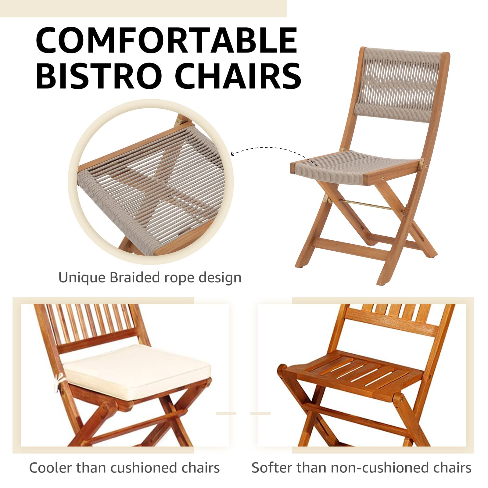 OC Orange-Casual 3 Piece Acacia Patio Bistro Set, Outdoor Compact Wood Table and Chairs Set of 2 for Apartment Balcony Front Porch Deck Yard, Beige