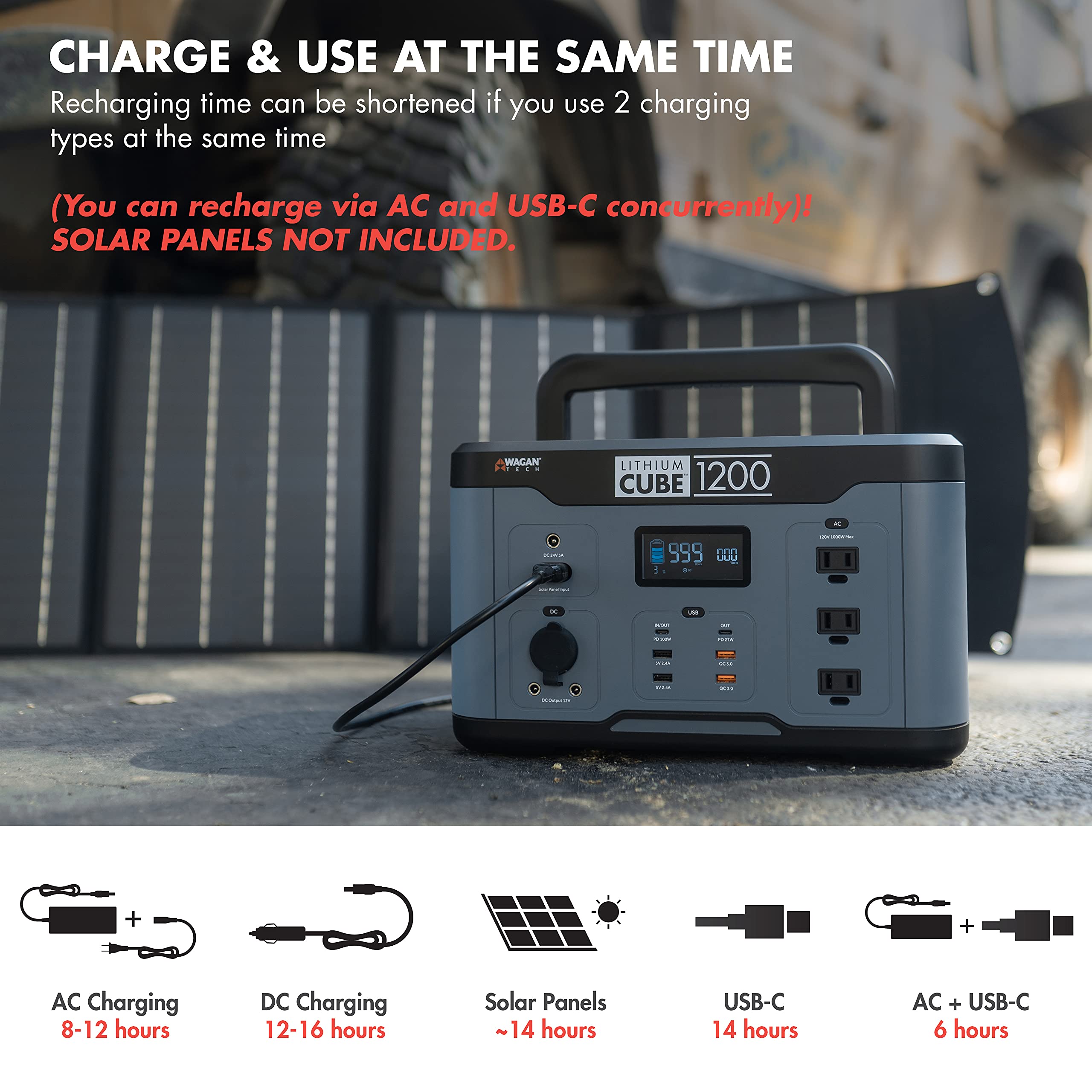 Wagan EL8836 Lithium Cube 1200 Portable Power Station 1166Wh Lithium Battery, 120V 1000W Pure Sine Wave, AC DC Outlet, USB Outlet, Solar Power Generator