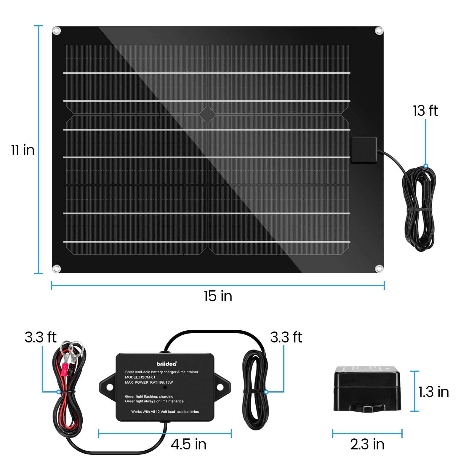 Solar Battery Charger Maintainer, Briidea 15W Solar Panel Kit for Dump Trailer Built-in Maintenance Pulse & Intelligent MPPT Charge Controller, Waterproof, Suitable for 12V Lead-Acid Battery