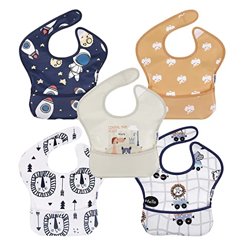 Soarwg Kids Bibs, Baby Bibs, Waterproof Baby Bibs for Boy and Girl, Great Travel Baby Bibs for Eating, Mess Proof Bibs for Baby Unisex, Toddler Feeding Bibs, 5 Pack