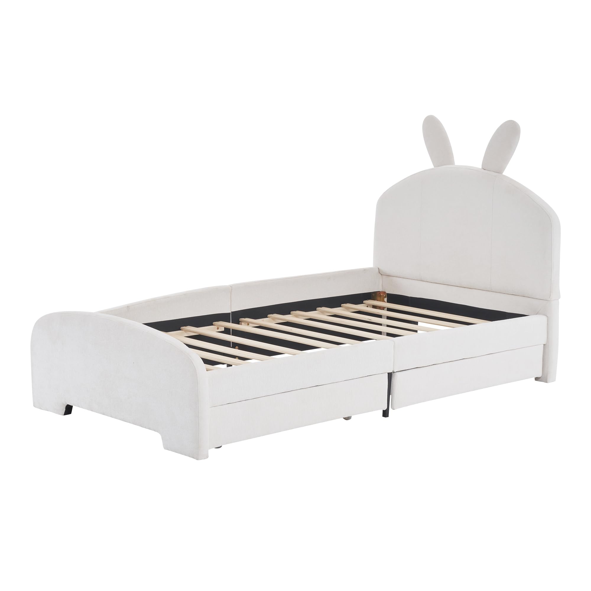PRNDOLE Twin Size Upholstered Platform Bed Frame with 2 Drawers and Cartoon Ears Shaped Headboard for Kids,White