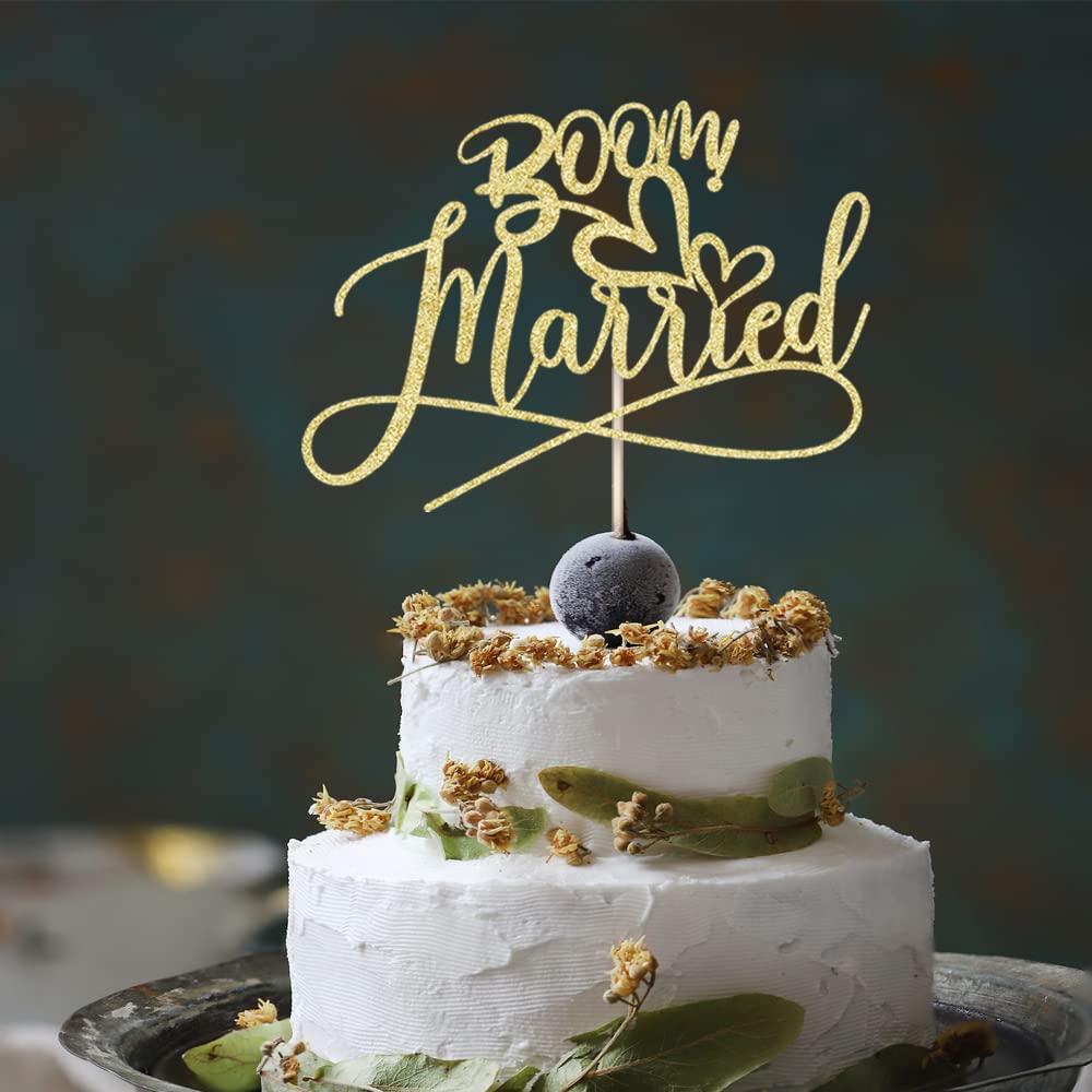 Sodasos BOOM! Married Wedding Cake Topper,Funny Cake Topper, Quirky, Nerdy Topper,Married Cake Topper,Bridal Shower,Theme Wedding Party Supplies (gold)