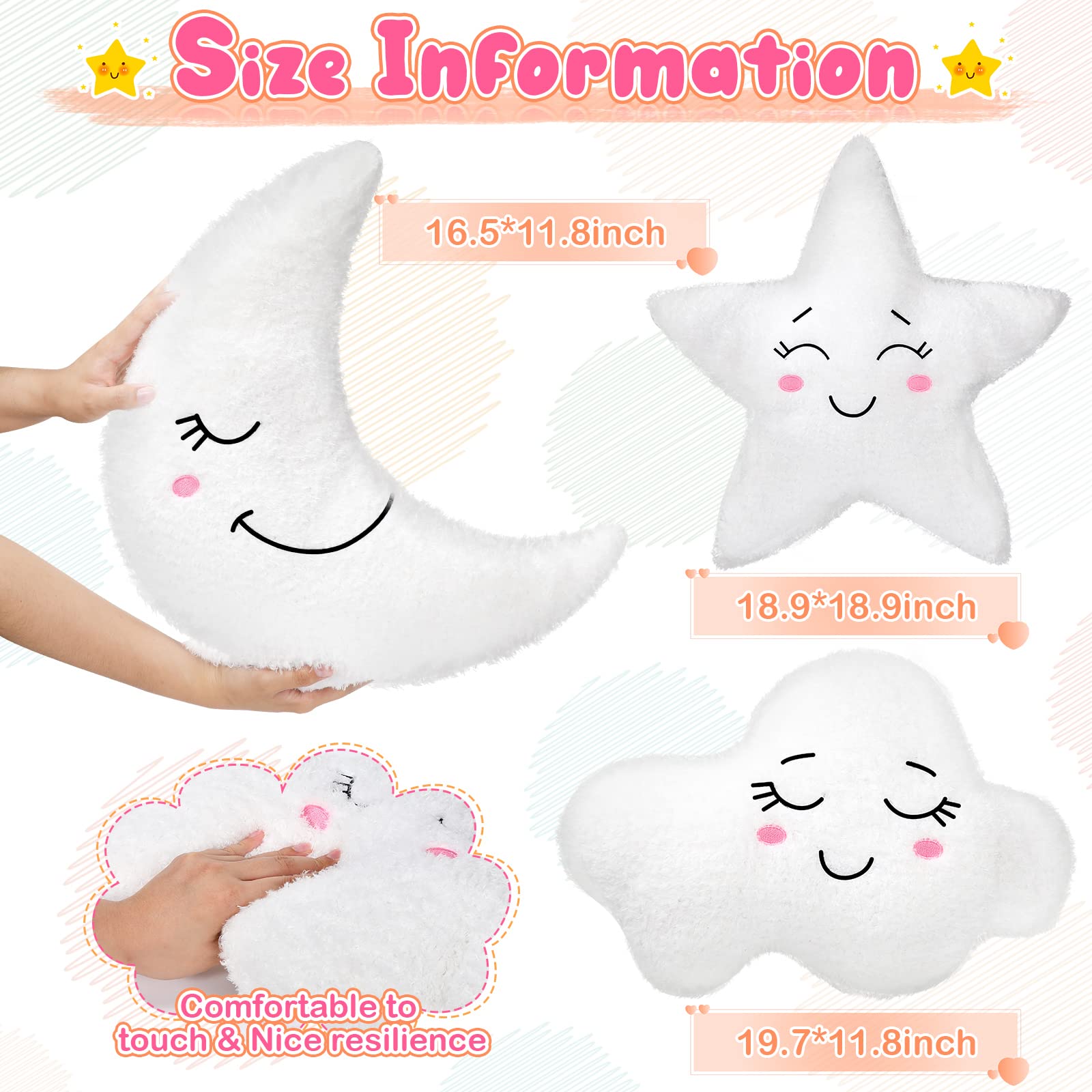 Queekay Cloud Rainbow Sun Moon Star Shaped Pillow 3 Pcs Nursery Stuffed Throw Pillows Kids Cute Cushion Children Soft Plush Pillow for Baby Room Reading Nook Decorations Gift(Moon, Star, Cloud)