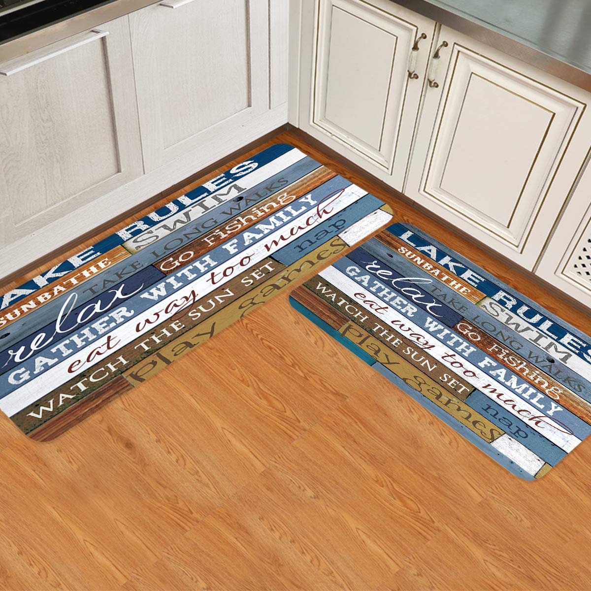 Wood Plank Characters Kitchen Rug Set Kitchen Mats Cushioned Anti Fatigue Vintage Wooden Lake Rules Mats for Standing Waterproof Microfiber Easy to Clean 2 Pieces 23.6x35.4inch+23.6x70.9inch