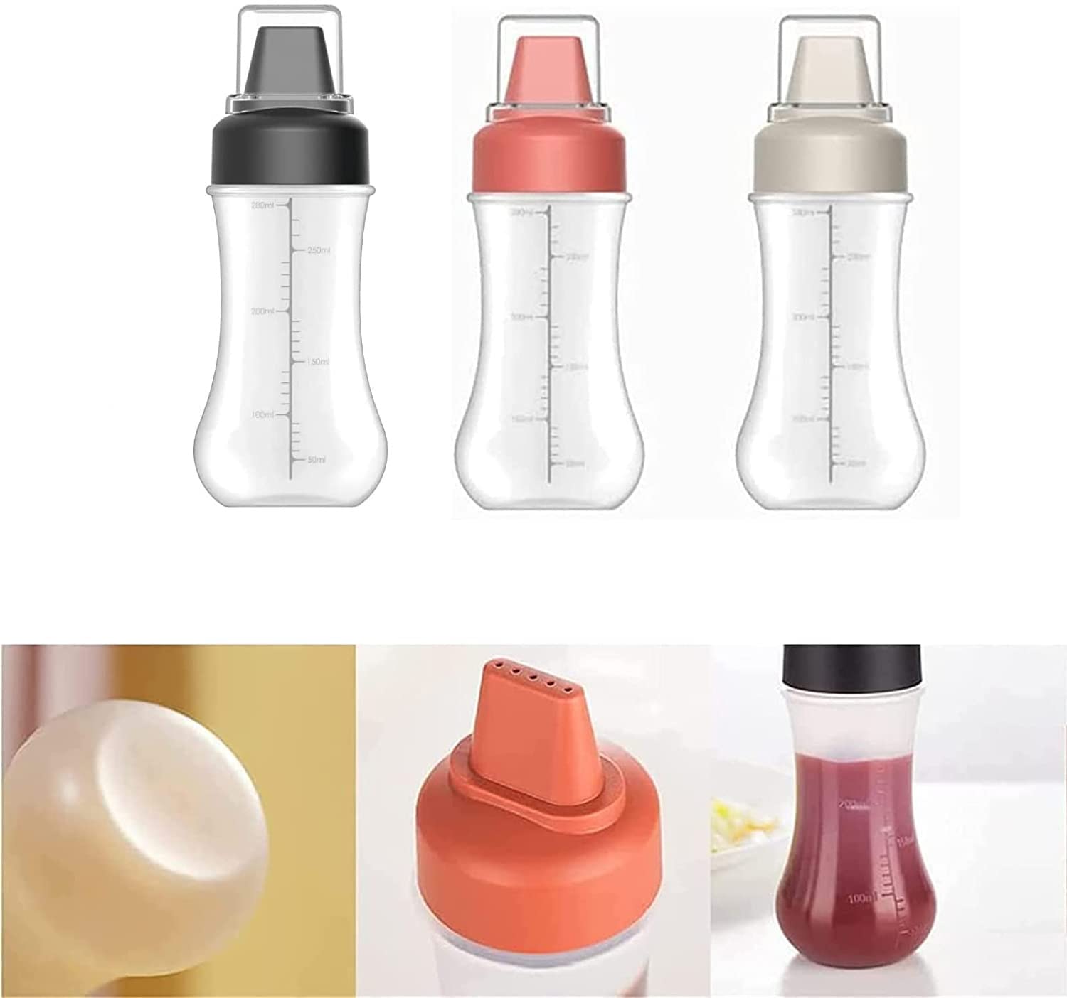 YYYFEI 5-hole Sauce Squeeze Bottles with Lid,9.87oz/280ml Plastic Condiment Bottles for Ketchup Peanut Butter Ketchup Salad Dressing Mustard ,with Scale and Labels,3pcs