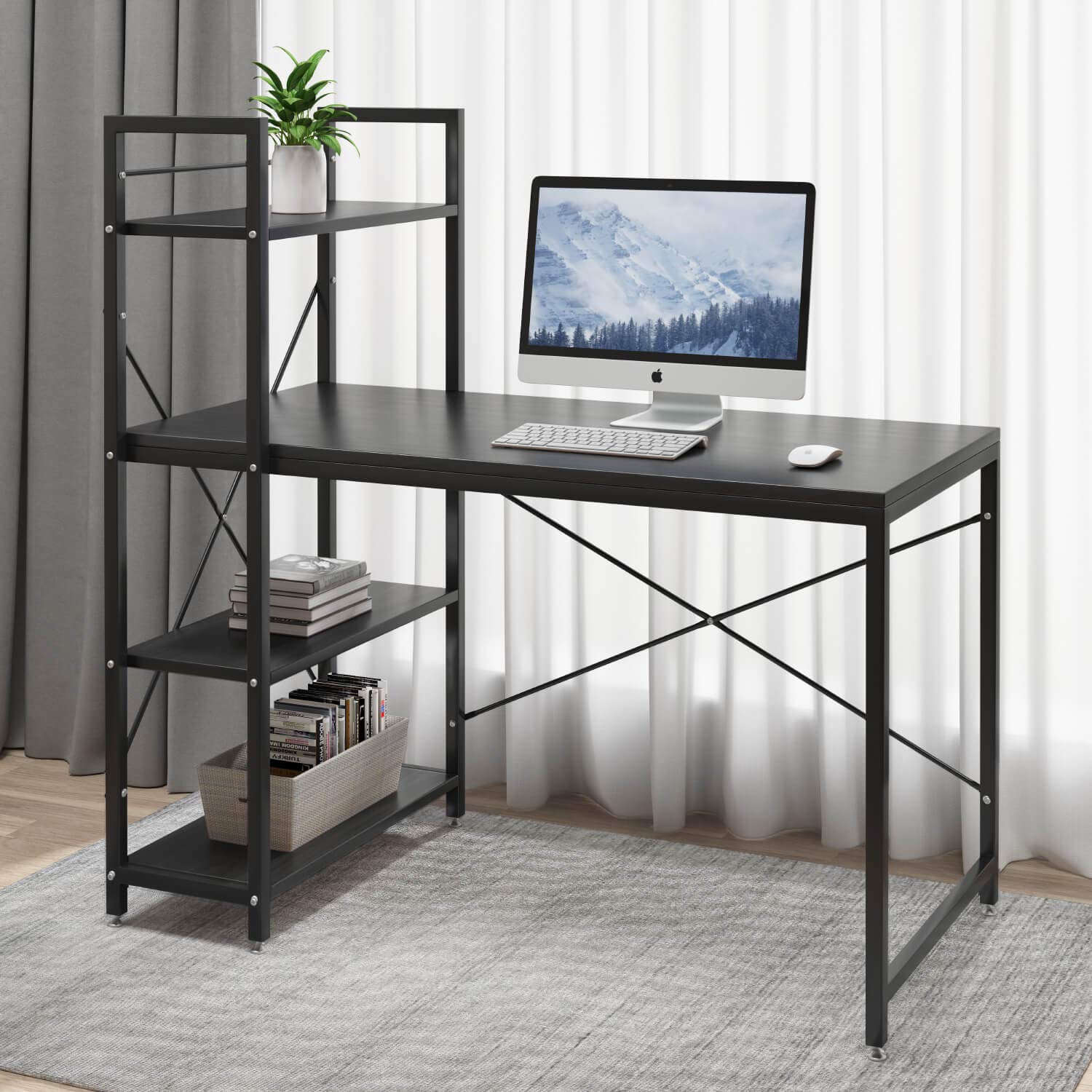 Roguoo Tower Computer Desk with 4 Storage Shelves - 47.6 inch Writing Study Table with Bookshelves Study Desk Modern Steel Frame Compact Wood Desk Home Office Workstation (Black)