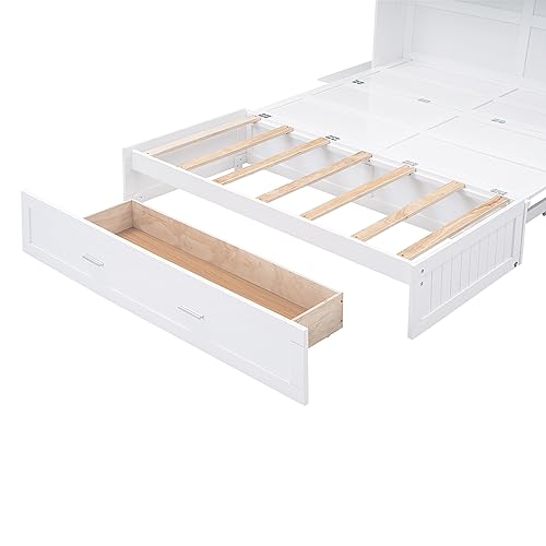 Queen Size Mobile Murphy Bed with a Big Drawer and Both Side Storage Shelves, Modern Foldable Murphy Bed W/ Bookcase for Multipurpose Guest Room or Home Office, No Box Spring Required Easy Assembly