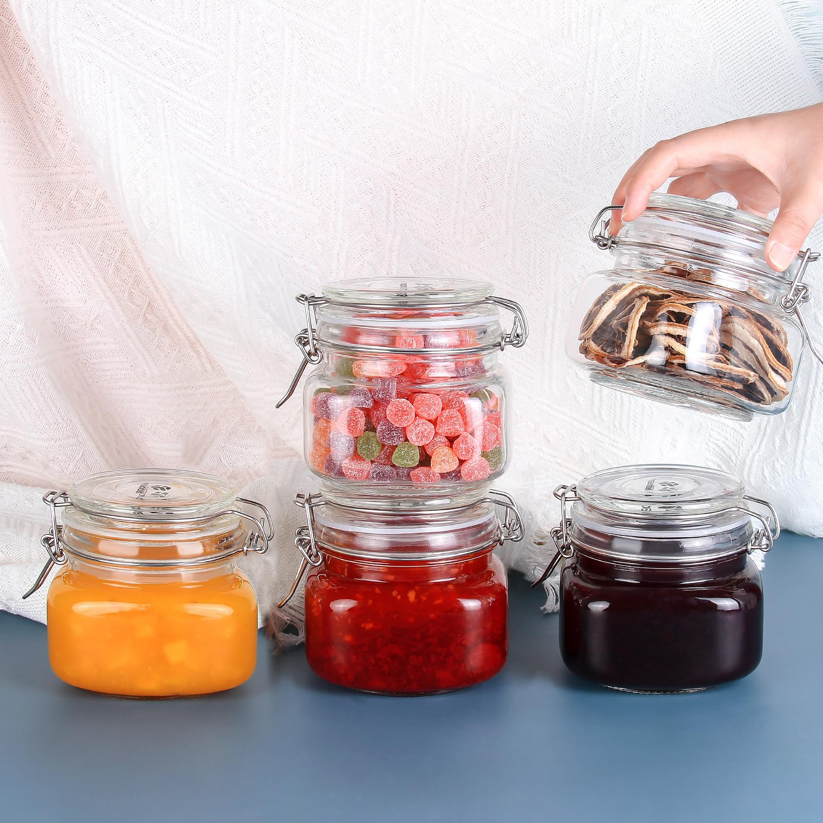 YEBODA 16oz Food Storage Canister Glass Jars with Clamp Airtight Lids and Silicone Gaskets for Multi-Purpose Kitchen Containers - Clear Square (6 Pack)