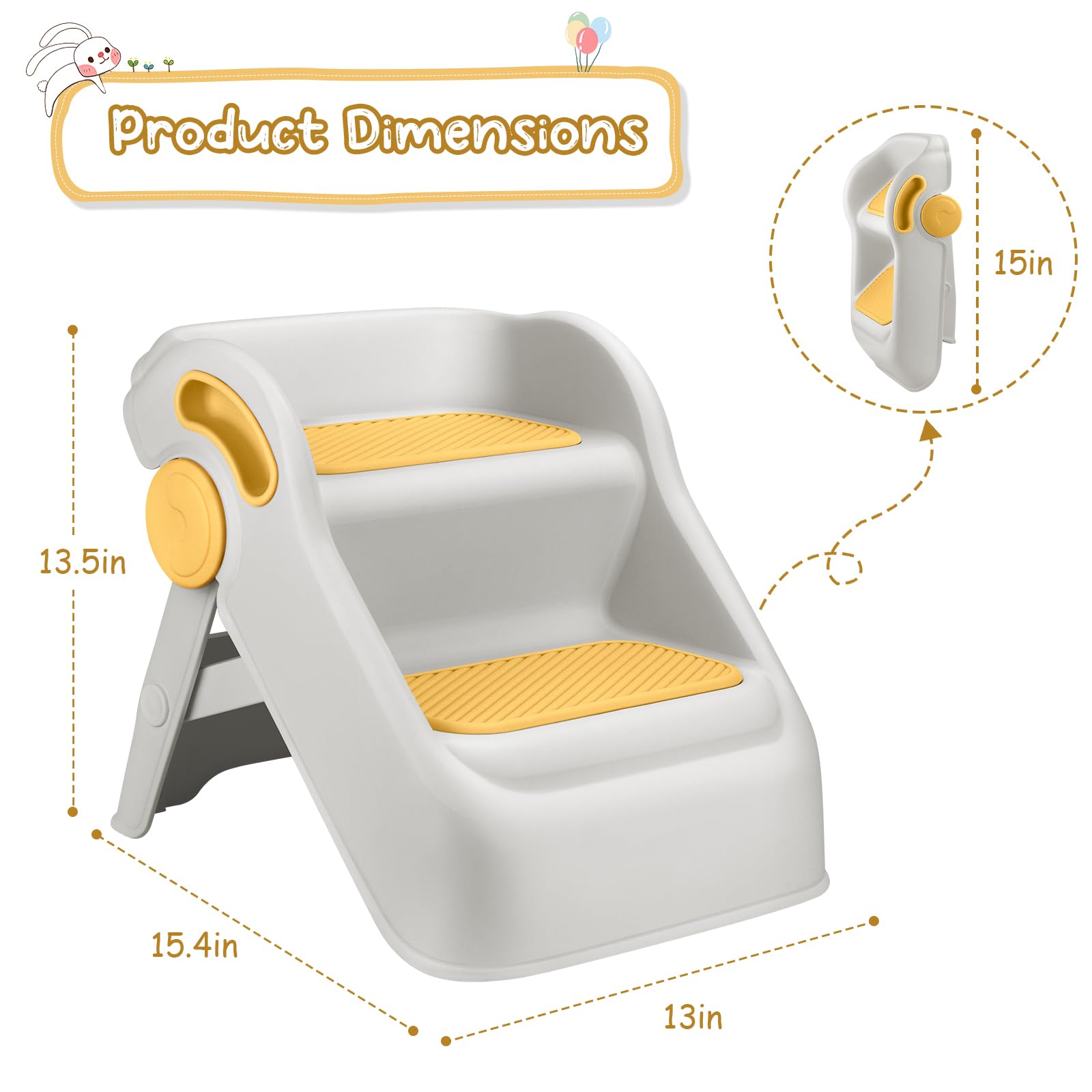 Step Stool for Kids, Foldable Anti-Slip 2-Step Stool for Toilet Potty Training, Sturdy Child Step Stool with Handles to Reach Kitchen Counter, Bathroom Sink, and Toddler Bed, White and Orange