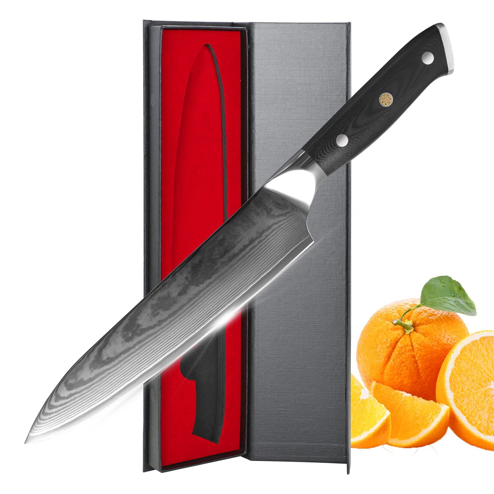 Prochion 8 Inch Damascus Chef Knife for Kitchen, Razor Sharp 67 layers High Carbon Damascus Steel Chef Knife, Premium Kitchen Knives with Black Ergonomic G10 Handle and Triple Rivet, Gift Box