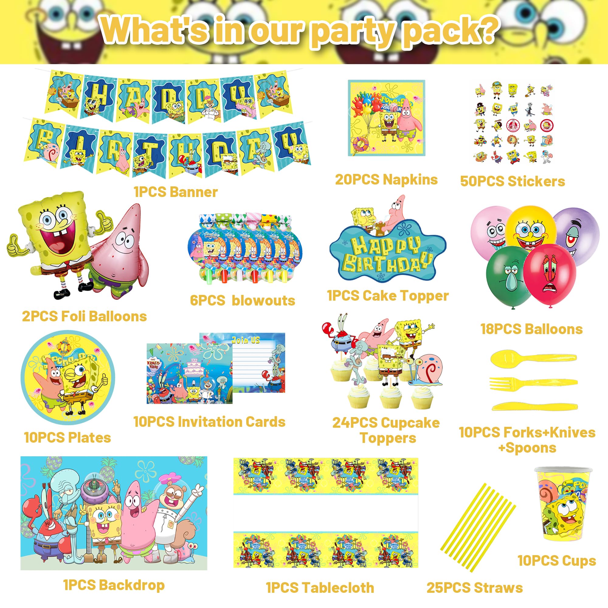 Sponge Theme Birthday Party Supplies, Birthday Decorations includes Happy Birthday Banner, Backdrop, Balloon, Cake Topper, Tableware, Napkins, Stickers