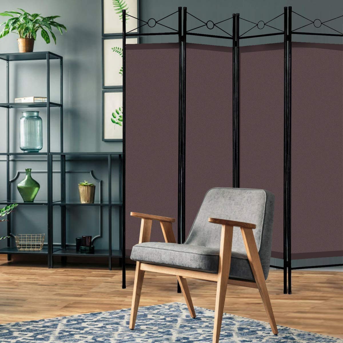 ReunionG 4-Panel Room Divider, 6 FT Wide Steel Frame Screen, Folding Privacy Partition, Freestanding Room Dividers for Home Office (Brown)