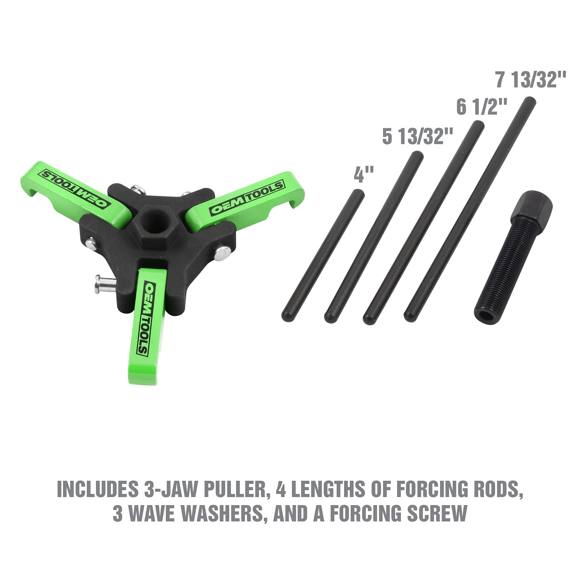 OEMTOOLS 25090 Harmonic Balancer Puller Kit, Adjustable 3-Jaw Puller Fits Most Late Model Automobiles & Trucks, Forcing Screw Fits a 3/8β Square Drive, Includes 4 Forcing Rods, 6 Piece