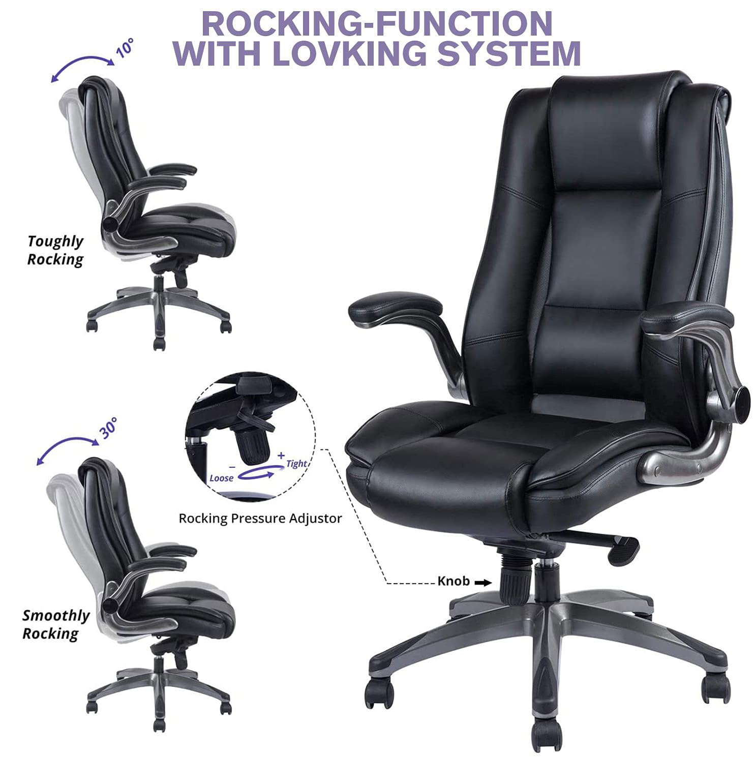REFICCER Bonded Leather Office Chair - Adjustable Built-in Lumbar Support and Tilt Angle High Back Executive Computer Desk Chair for Office Workers & Students (Black)