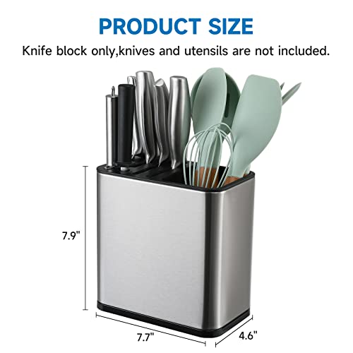 BIARTS 2 in 1 Universal Knife Block without Knives Stainless Steel Knife Holder for Kitchen Counter with Drainage Hole Knife Storage with Utensil Holder Modern Design, Rectangle, 7.7"L x 4.6"W x 7.9"H
