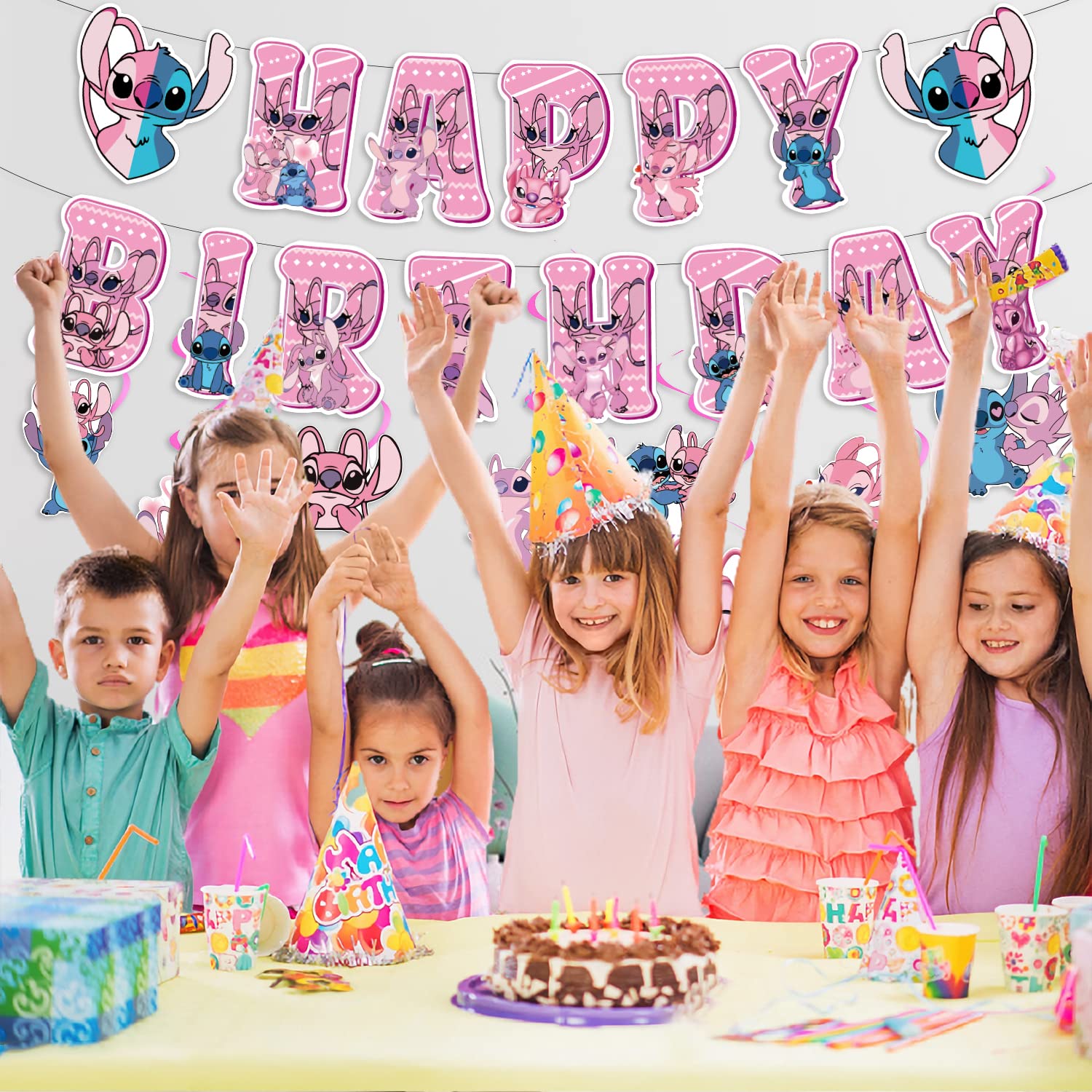 Stitch Birthday Decorations Stitch Pink Happy Birthday Banner Hanging Swirls for Birthday Party Supplies