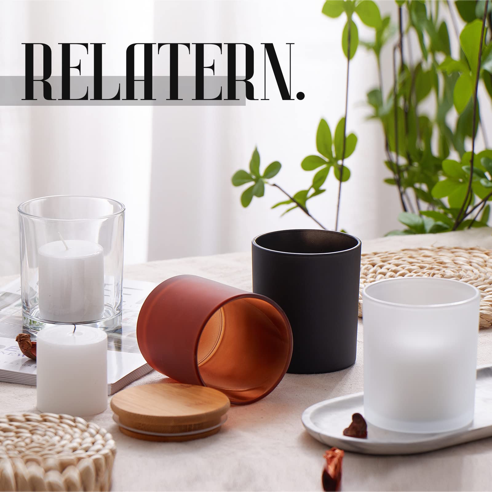 Relatern 6-Pack 8 Oz Candle Containers for Making Candles - Glass Candle Vessels with Bamboo Lids for DIY Candle, Bulk Empty Frosted Candle Jars, Black