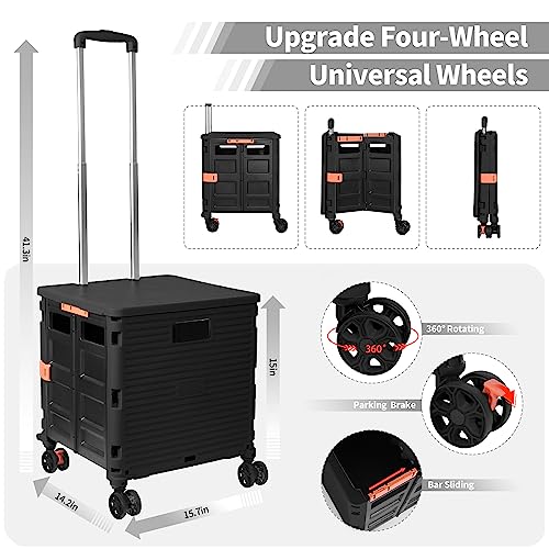 Rolling Crate Utility Cart Collapsible Tote Basket Teacher Cart with Lid Wear-Resistant Noiseless 360°Rotate Wheel Telescoping Handle for Trave Moving Luggage Use(Pink,110lbs)