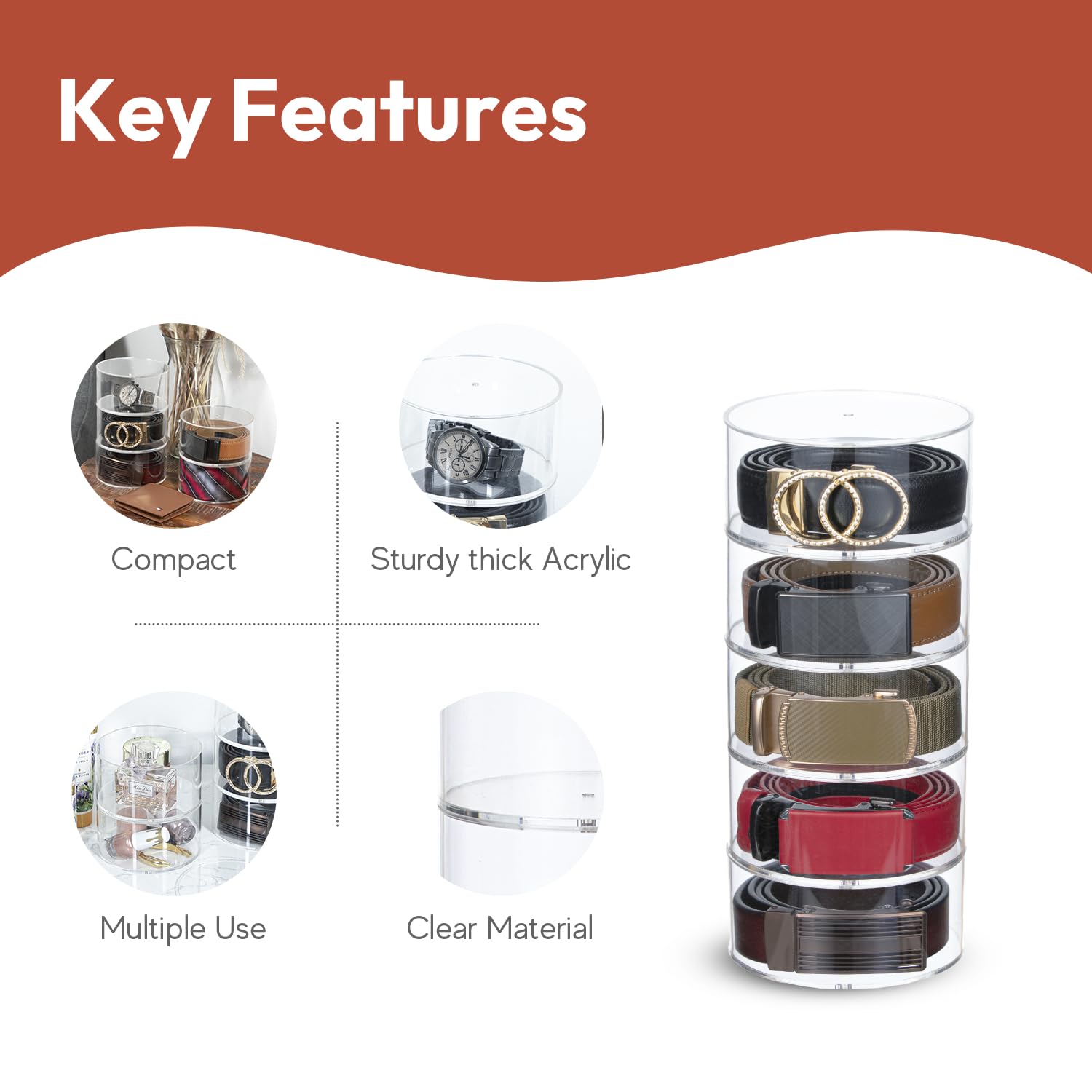 PROKTIK Acrylic Belt Organizer, 5 Layer Belt Holder, Belt Storage, Belt Organizer for Closet, Belt Display for Men and Women's Belts, Belt Organizer for Drawer, Display for Belts, Jewelry, Watch