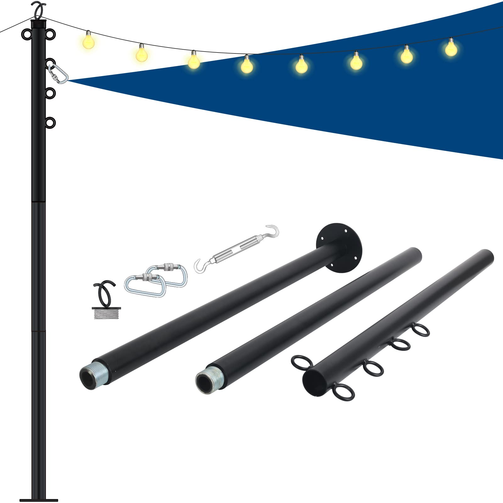Pro 8ft Shade Sail Poles, Heavy Duty 7MM Thicken Sun Shade Poles - with 5 Welded Fixing Points for Shade Sail Canopy, Steel Post Stand with Hooks for Outdoor String Light, Patio, Backyard